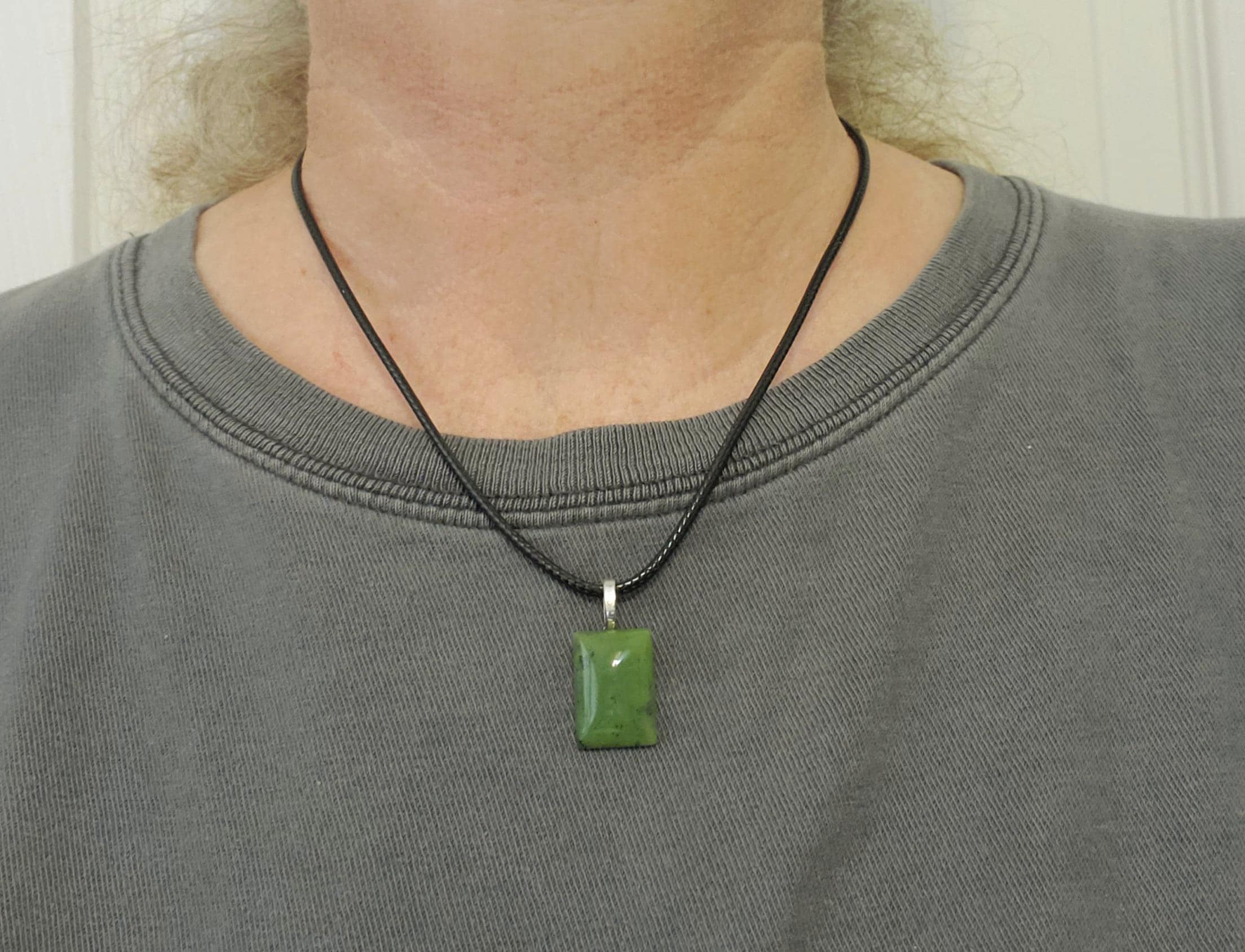 Green Jade Cabochon Pendant, Rectangle Jade Necklace, Leather Rope ...