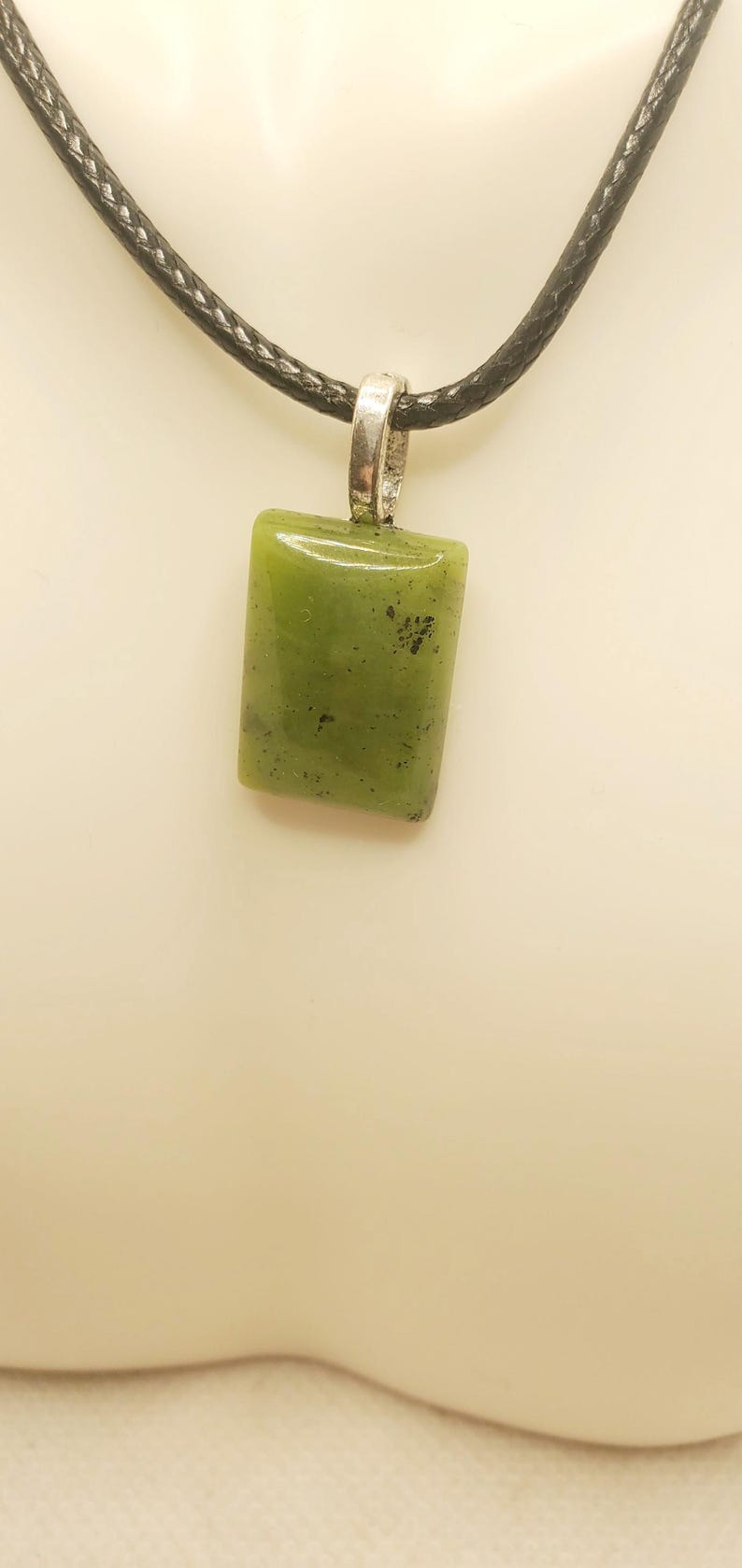Green Jade Cabochon Pendant, Rectangle Jade Necklace, Leather Rope ...