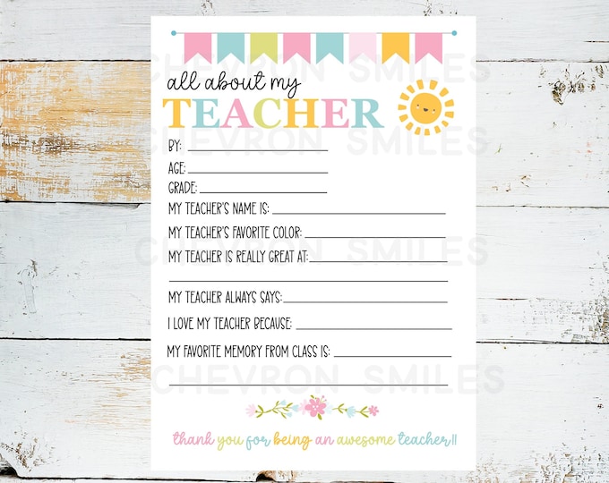 Teacher Appreciation Week Printable, All About My Teacher Printable ...