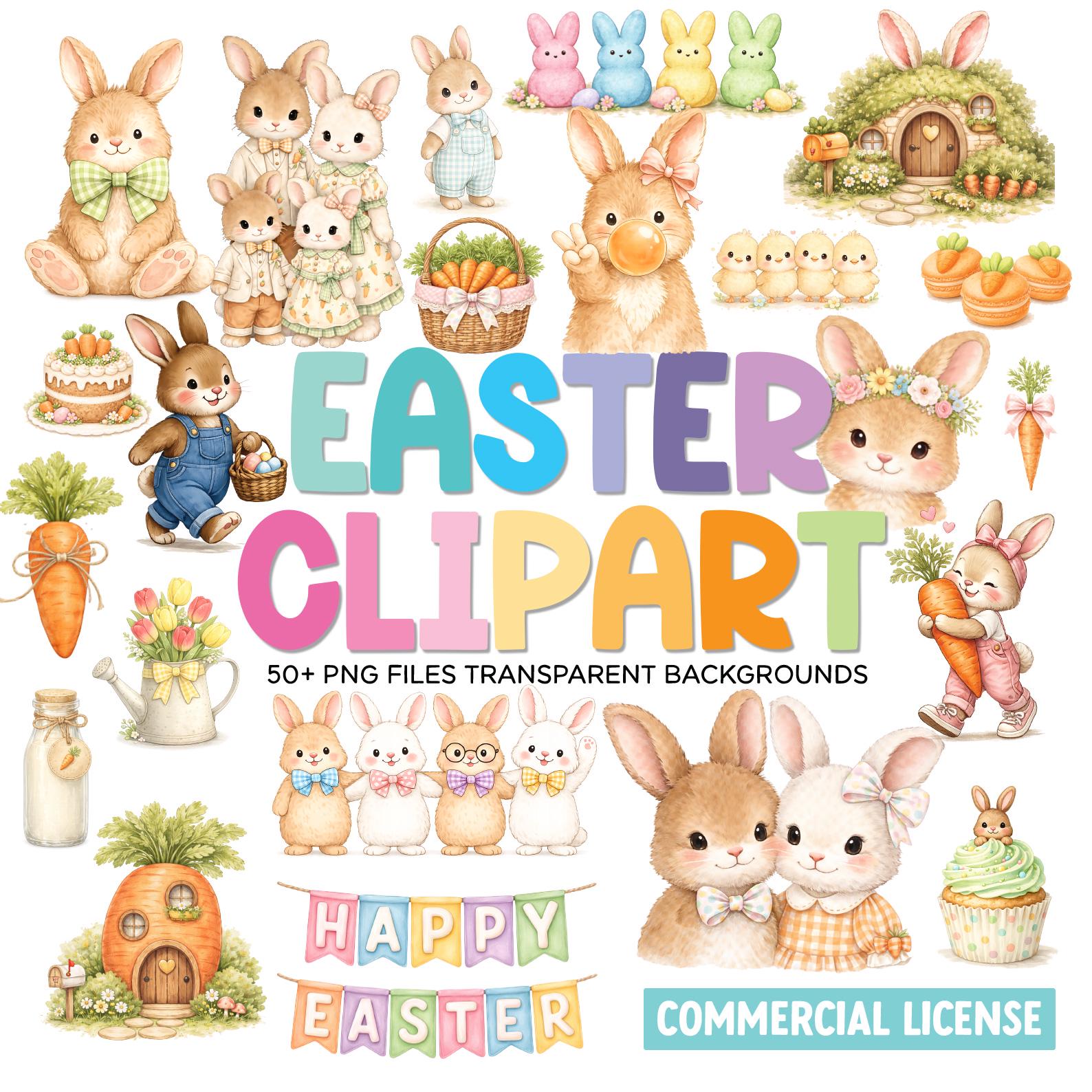 Easter Bunny Clipart PNG, Watercolor Spring Clipart, PNG Bundle Cute ...