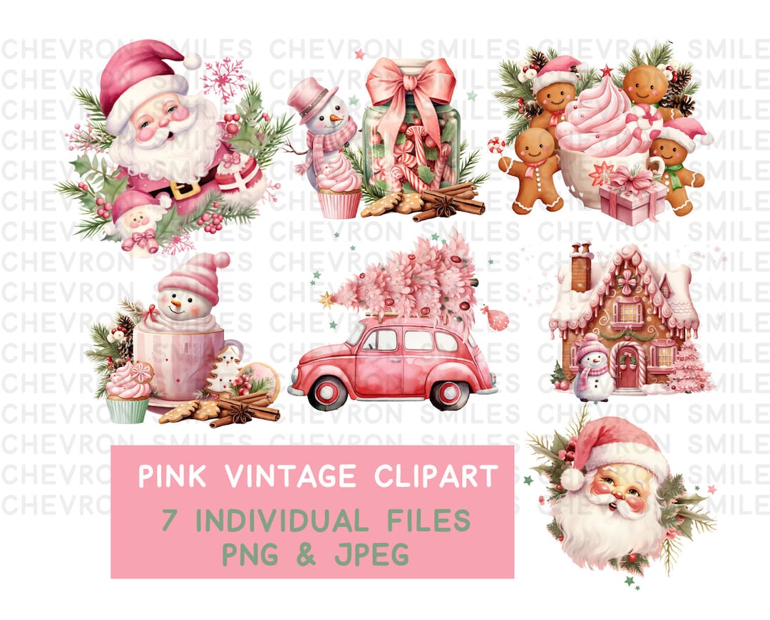 Vintage Pink Christmas Clipart | Retro Pink Christmas PNG Bundle ...
