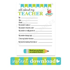 About My Teacher Fillin Printable, Teacher Appreciation, End of School ...