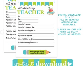 All About My Teacher Printable, Teacher Appreciation, End of School ...
