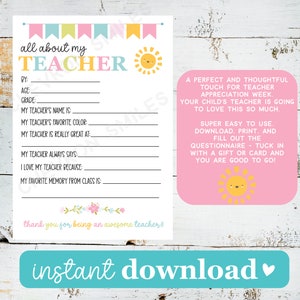 Teacher Appreciation Week Printable, All About My Teacher Survey ...