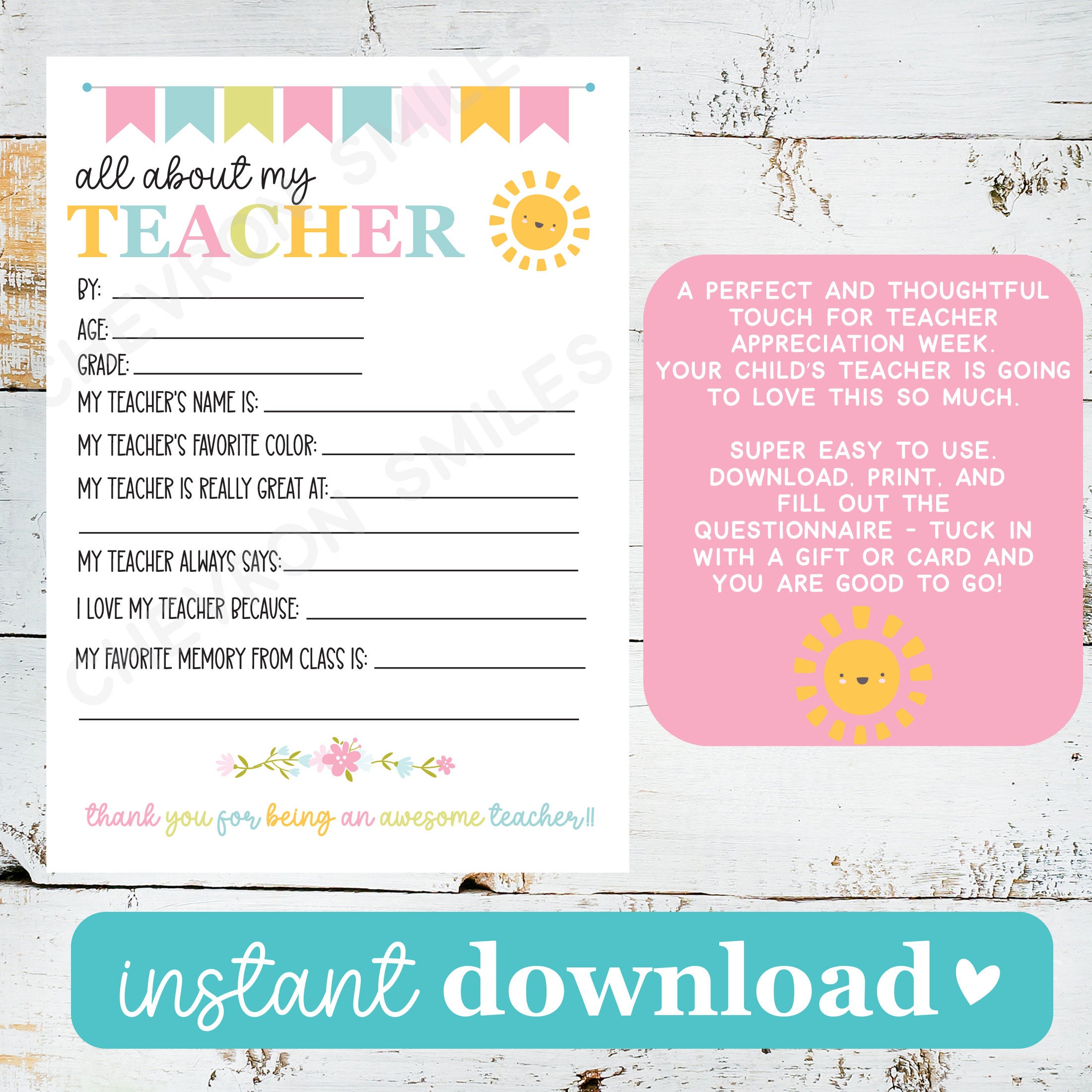 Teacher Appreciation Week Printable, All About My Teacher Survey ...