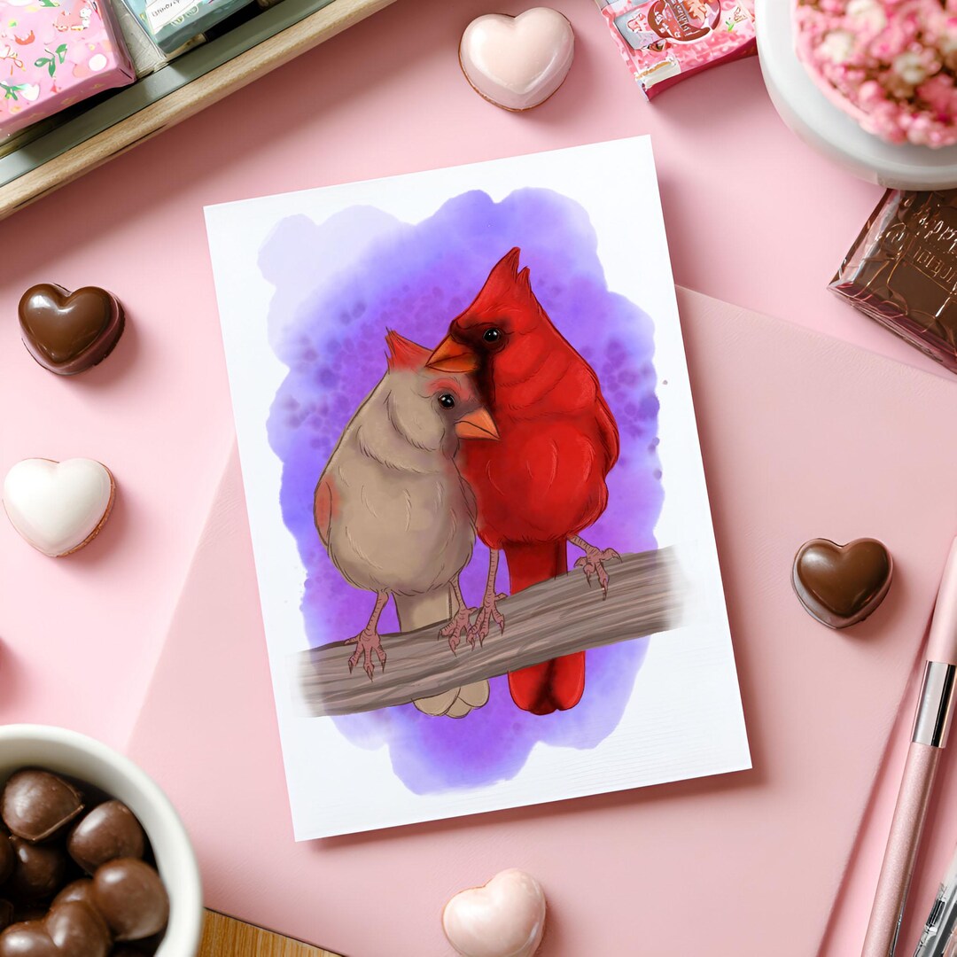 Cardinal Bird Love Watercolor Illustration Valentine's Day Card - Etsy