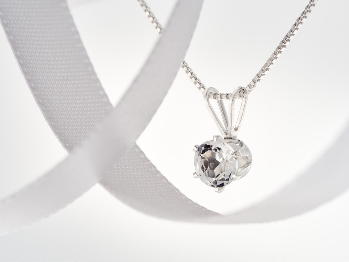 White Topaz Sterling Silver Necklace, 5mm Round Gemstone Pendant - Etsy