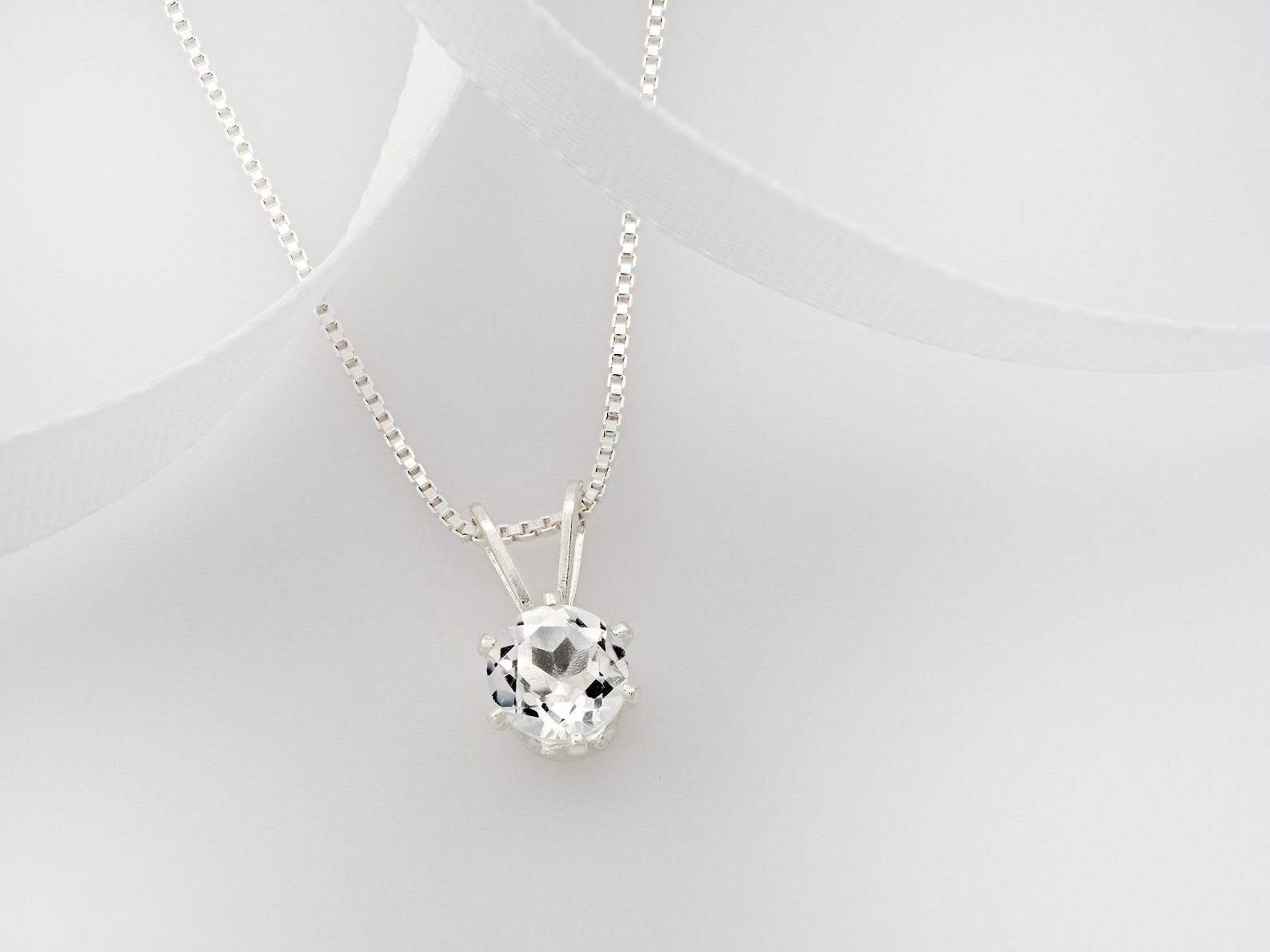 White Topaz Sterling Silver Necklace, 5mm Round Gemstone Pendant - Etsy
