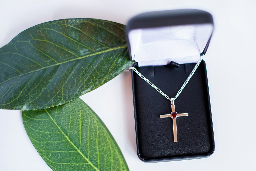 Dark Blood Red Garnet Silver Cross Necklace. Handmade, Sterling Silver ...