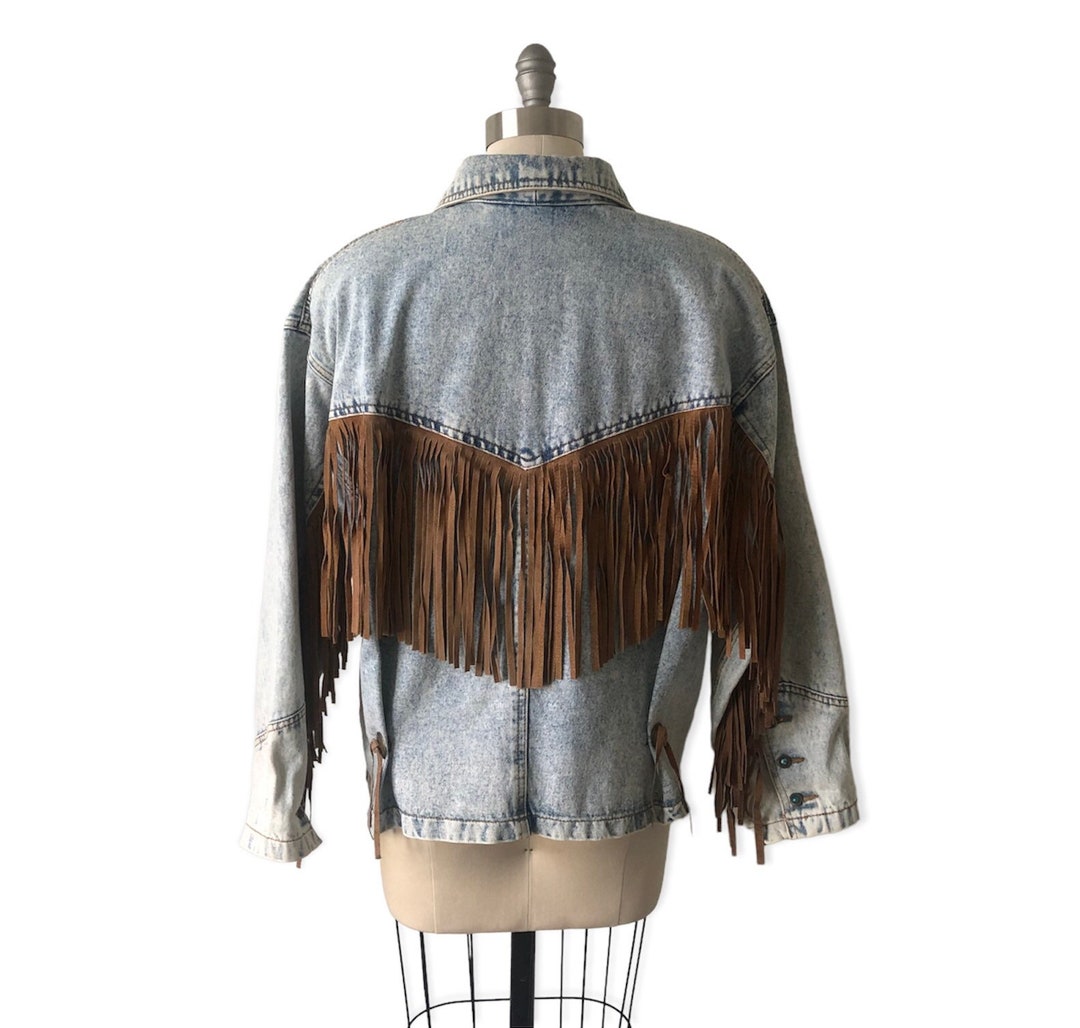 Vintage Fringed Jean Jacket: Denim Western Style With Turquoise Accents ...