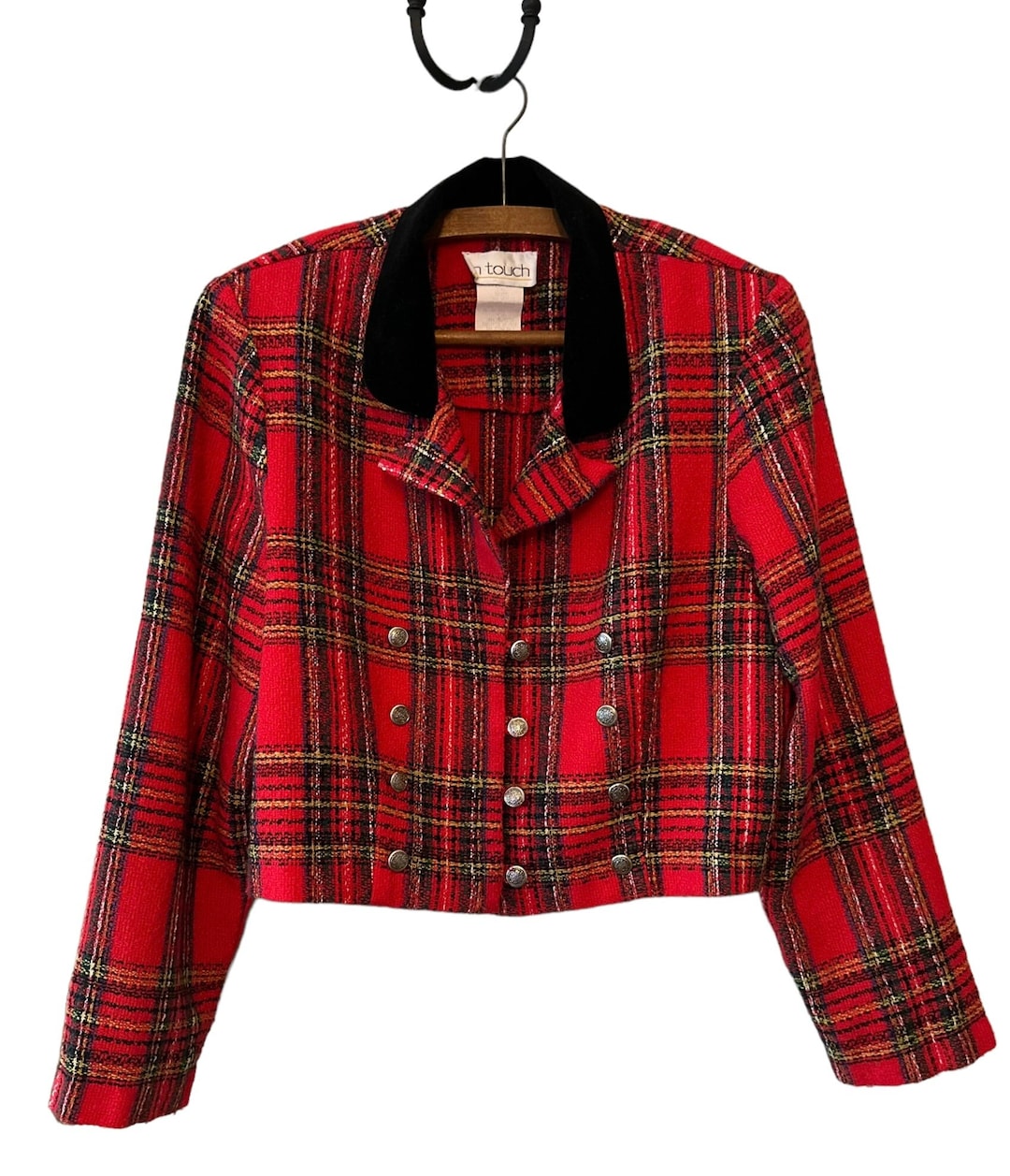 Vintage Red Tartan Plaid Cropped Blazer With Black Velvet Collar, Fall ...