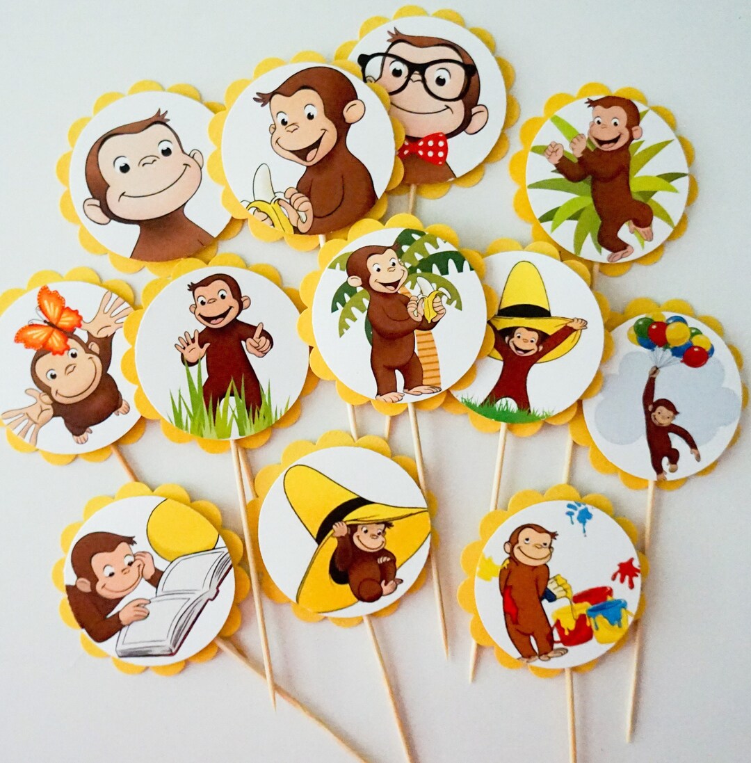 CURIOUS GEORGE Cupcake Toppers 12, Cupcake Flags, Cupcake Toothpick ...