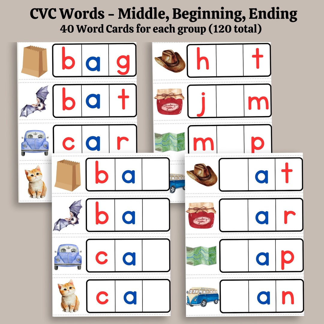 CVC Word Phonics Matching Cards Includes 40 Beginning, 40 Middle and 40 ...