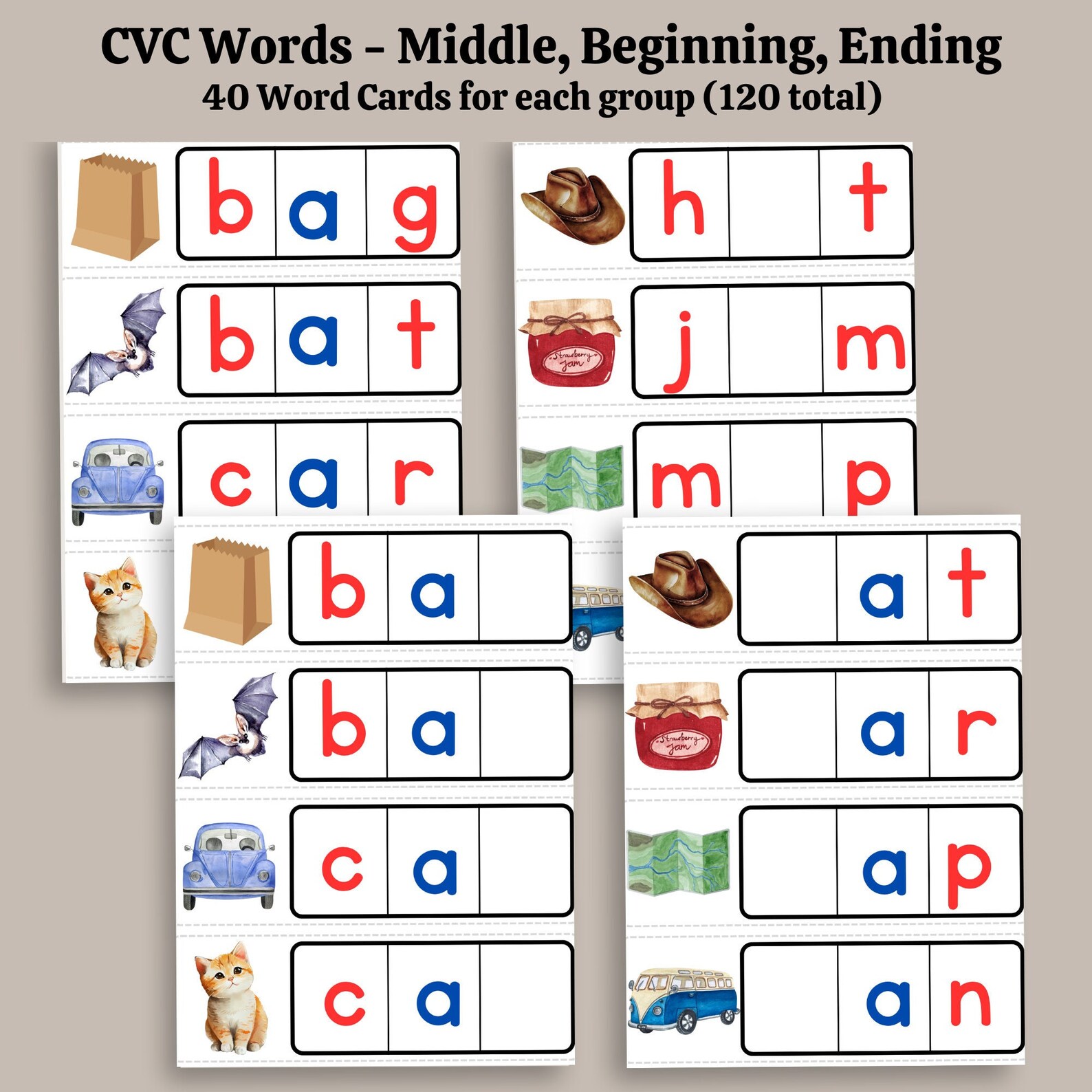 CVC Word Phonics Matching Cards Includes 40 Beginning, 40 Middle and 40 ...