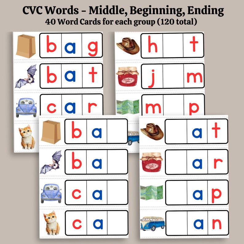 CVC Word Phonics Matching Cards Includes 40 Beginning, 40 Middle and 40 ...