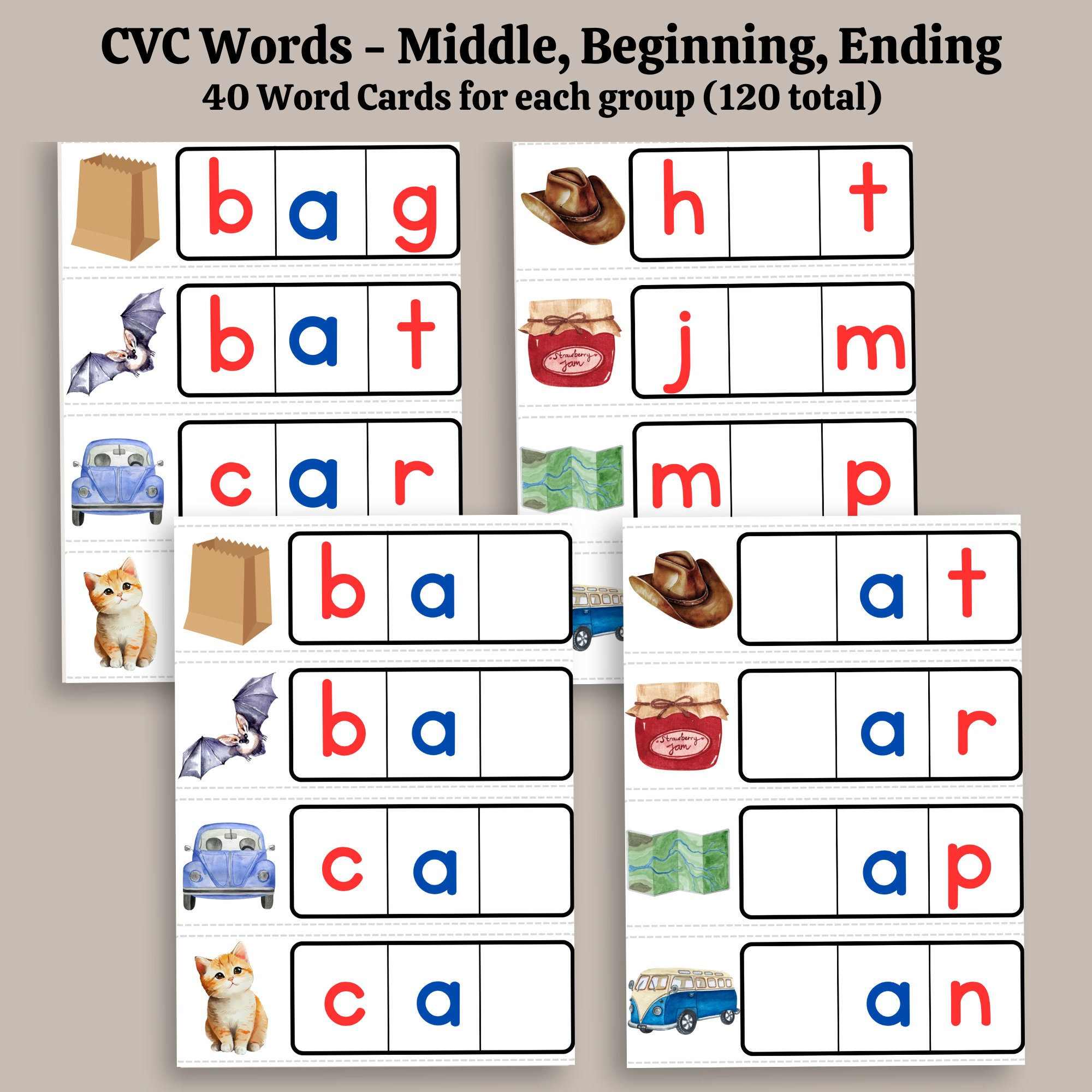 CVC Word Phonics Matching Cards Includes 40 Beginning, 40 Middle and 40 ...
