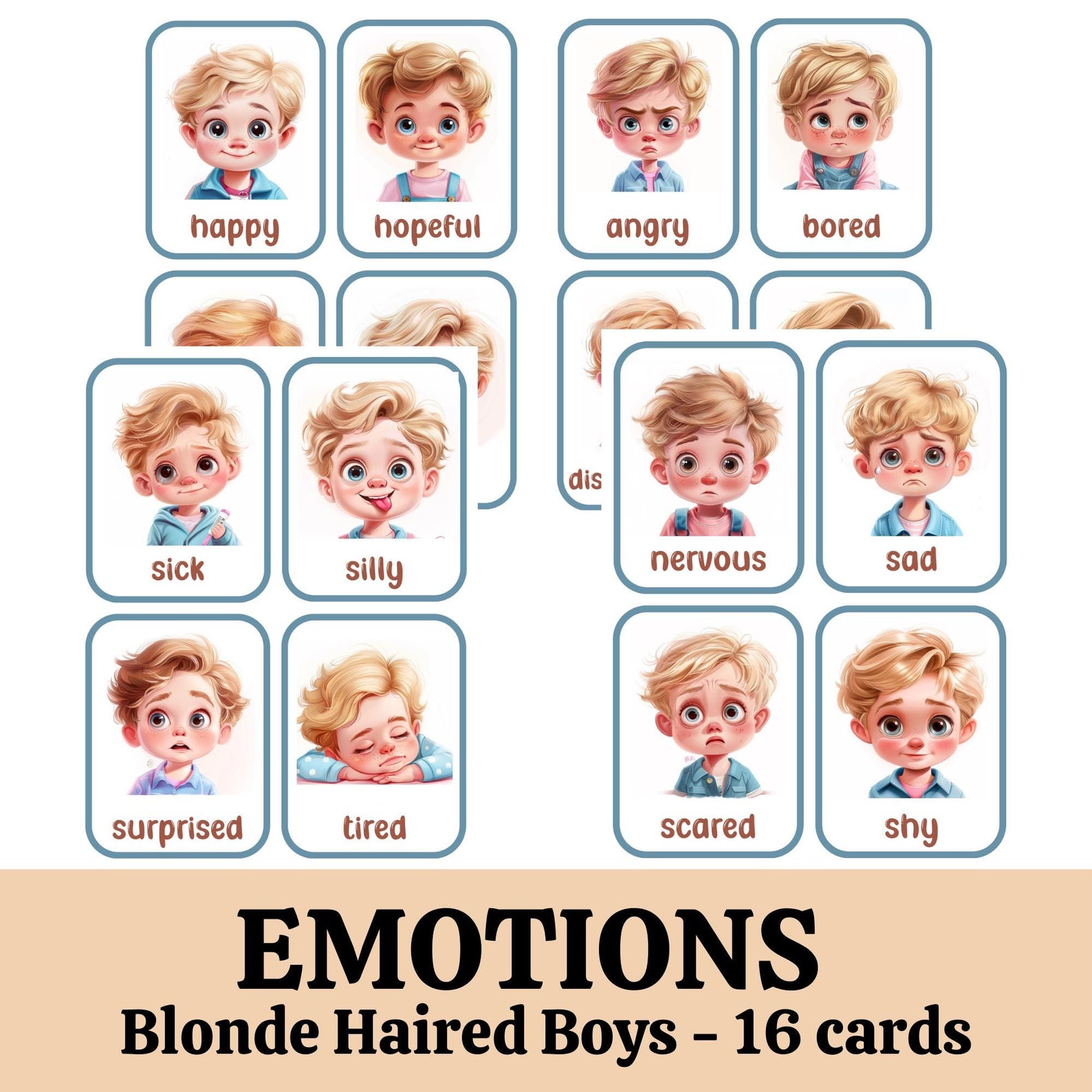Emotion Flashcards, Feeling Cards for Toddlers and Preschool, Blonde ...