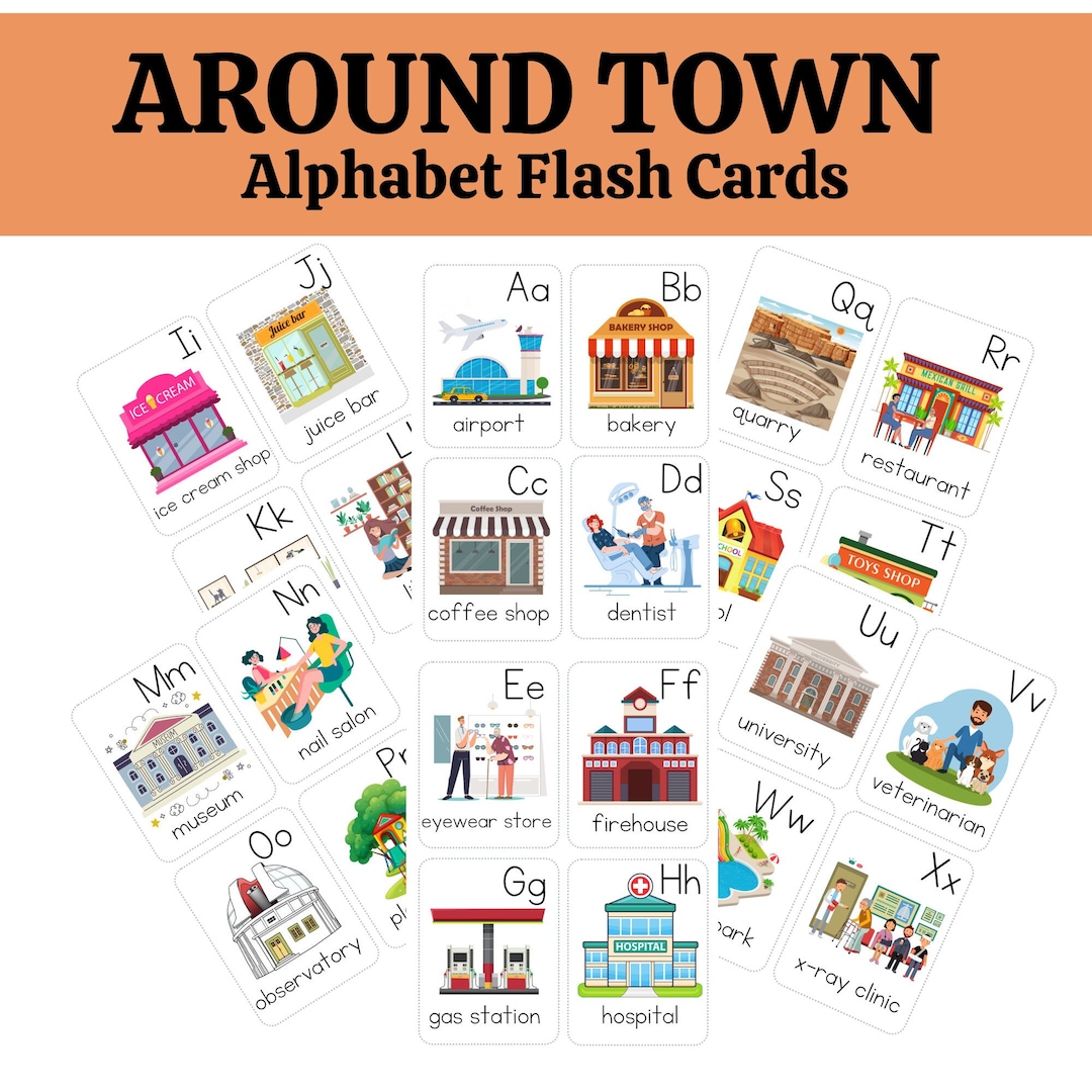 Flashcards A-Z Things in the City, Around Town, Preschool, Toddler ...