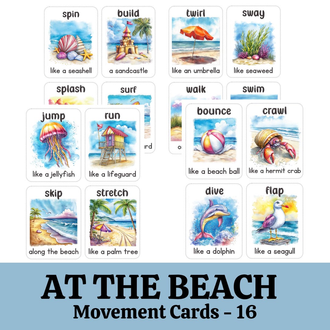 Movement Cards at the Beach Themed for Toddlers and Preschool, Busy ...