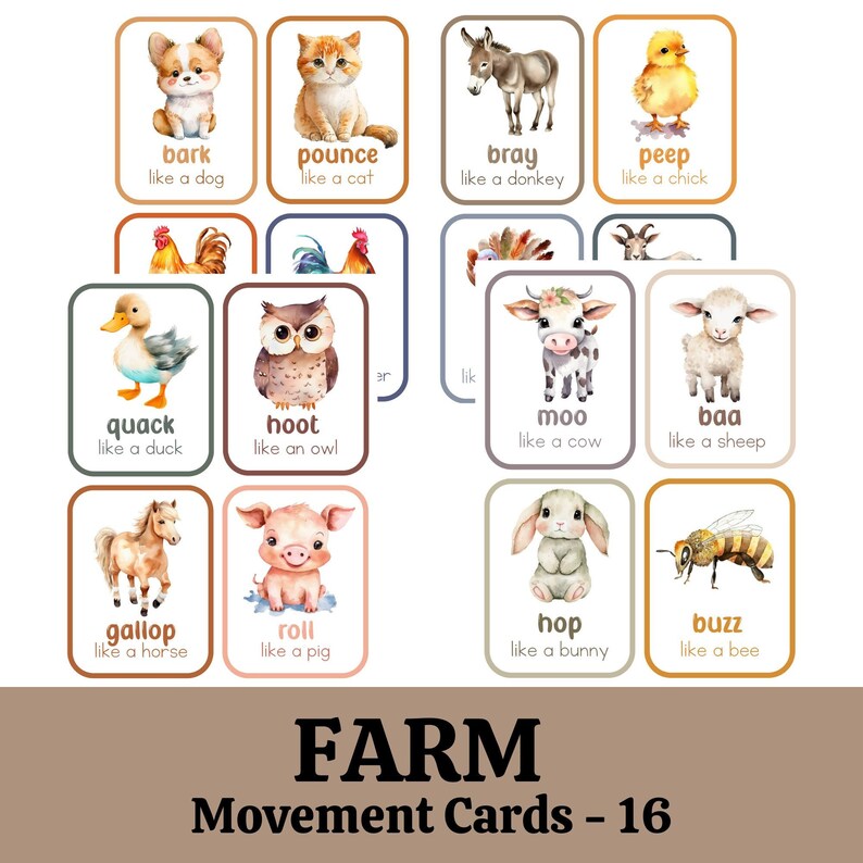 Movement Cards for Toddlers and Preschool Farm Animals, Busy Activities ...