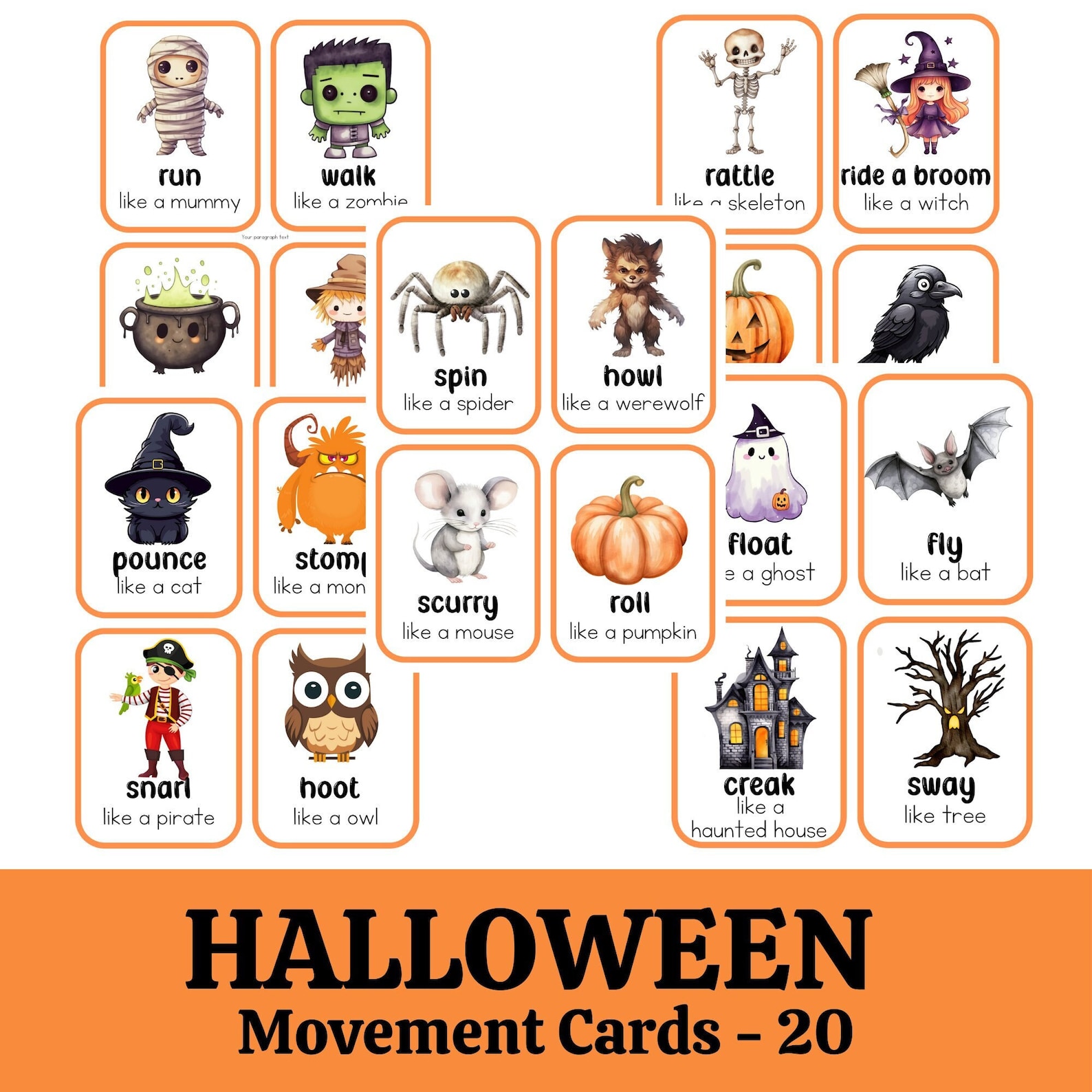 Movement Cards 20 Halloween Themed Characters, Toddlers and Preschool ...