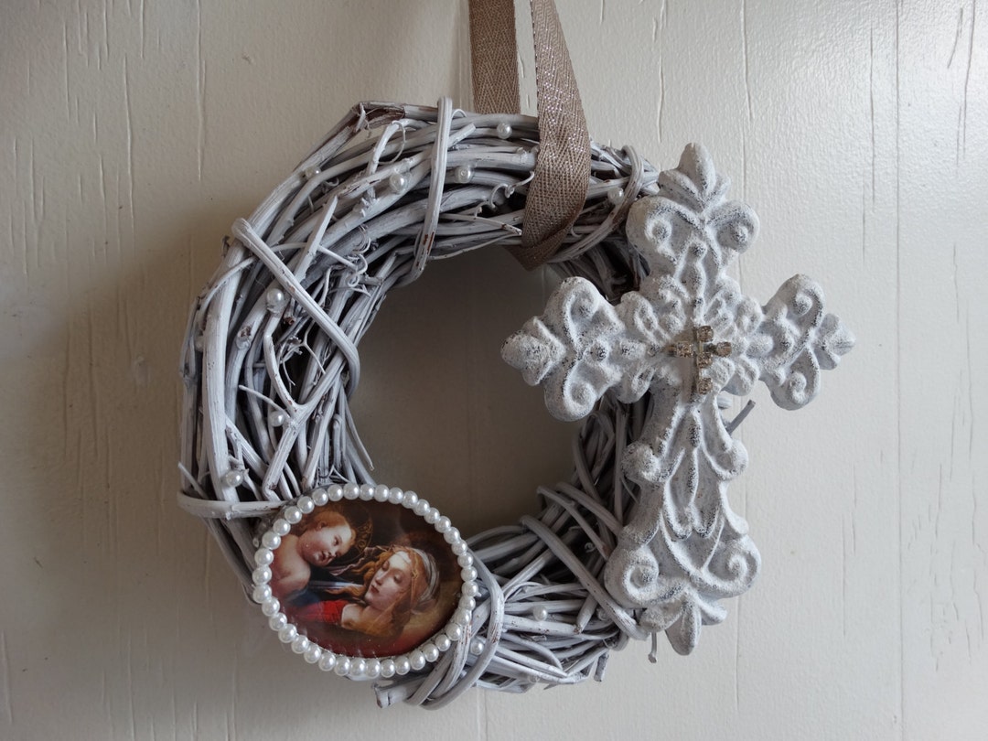 Wreath, White Grapevine Religious Inspired, Icon, Cross, French Nordic ...