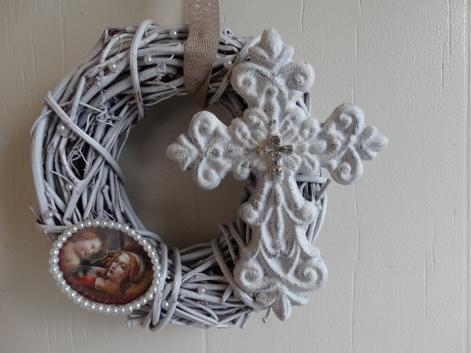 Wreath, White Grapevine Religious Inspired, Icon, Cross, French Nordic ...