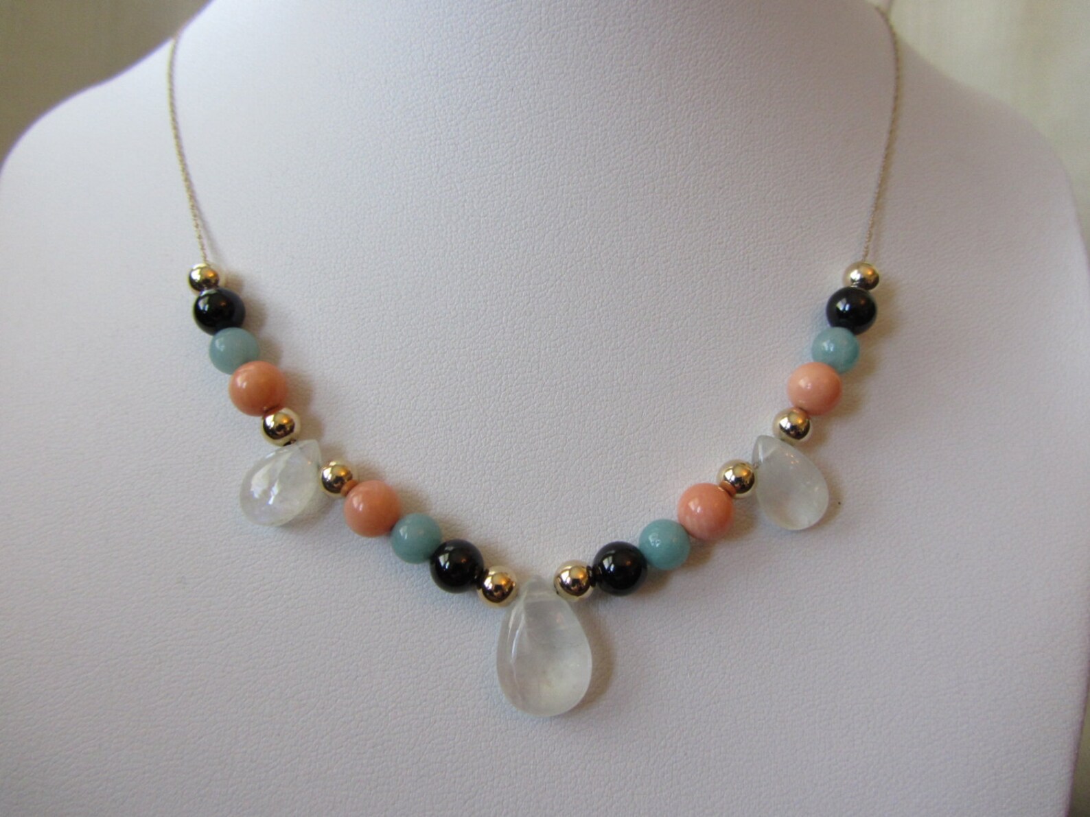 14k Gold Rainbow Moonstone Australian Angelskin Coral Black | Etsy