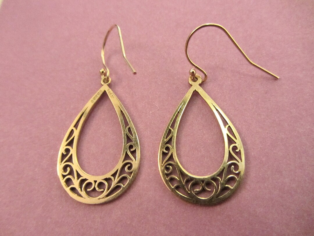 9k Solid Gold Open Work Teardrop Earrings & New 14k Earring Wires - 2. ...