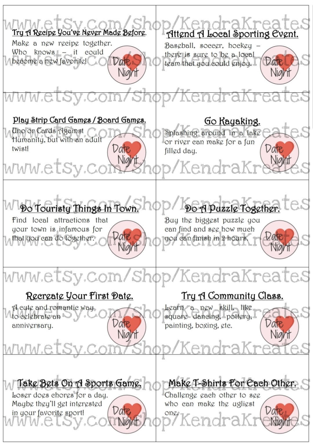 Date Night Jar Ideas | Printable Cards INSTANT DOWNLOAD - Etsy