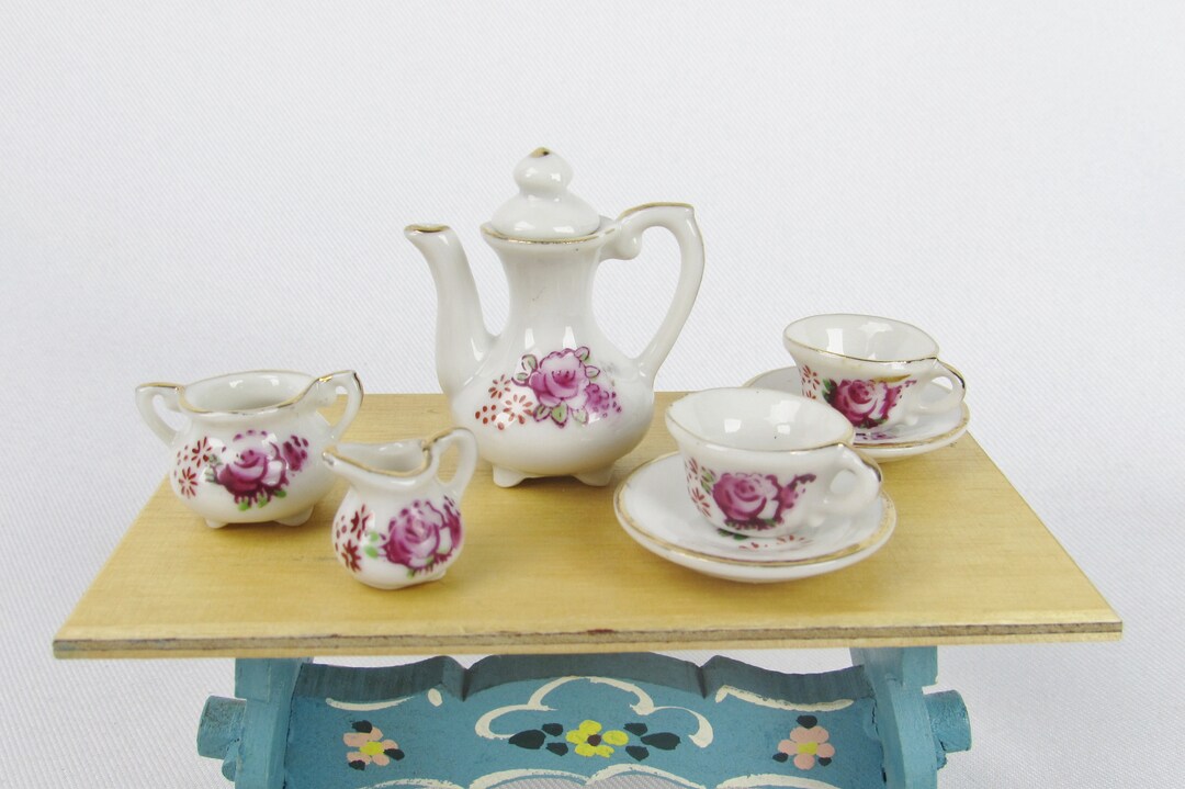 Miniature Porcelain Tea Set Service for 2 Dollhouse Miniatures ...