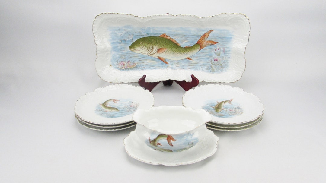 Antique Limoges Porcelain Fish Platter Set: Hand-painted Gilt Plates - Etsy