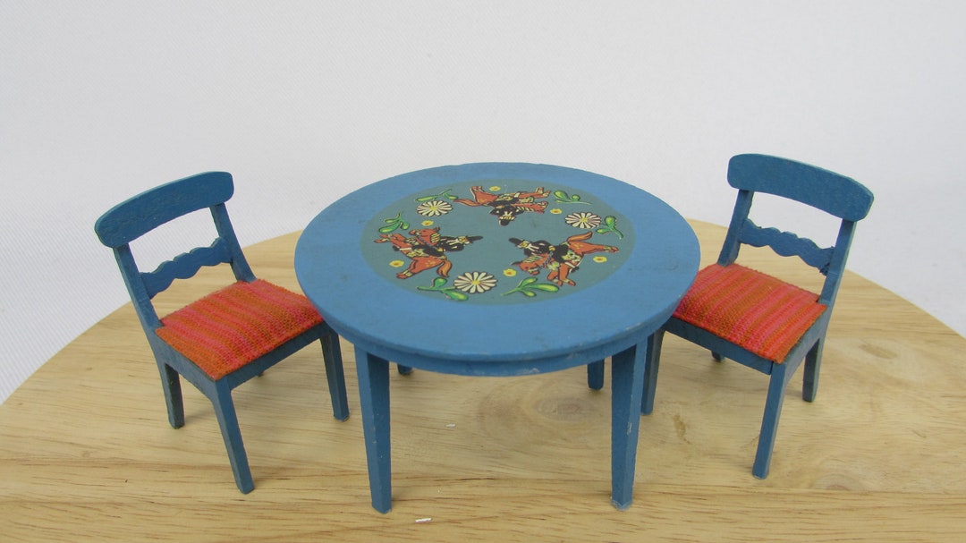 Lundby Leksand Blue Round Wood Table With Swedish Dala Horse Decal & 2 ...
