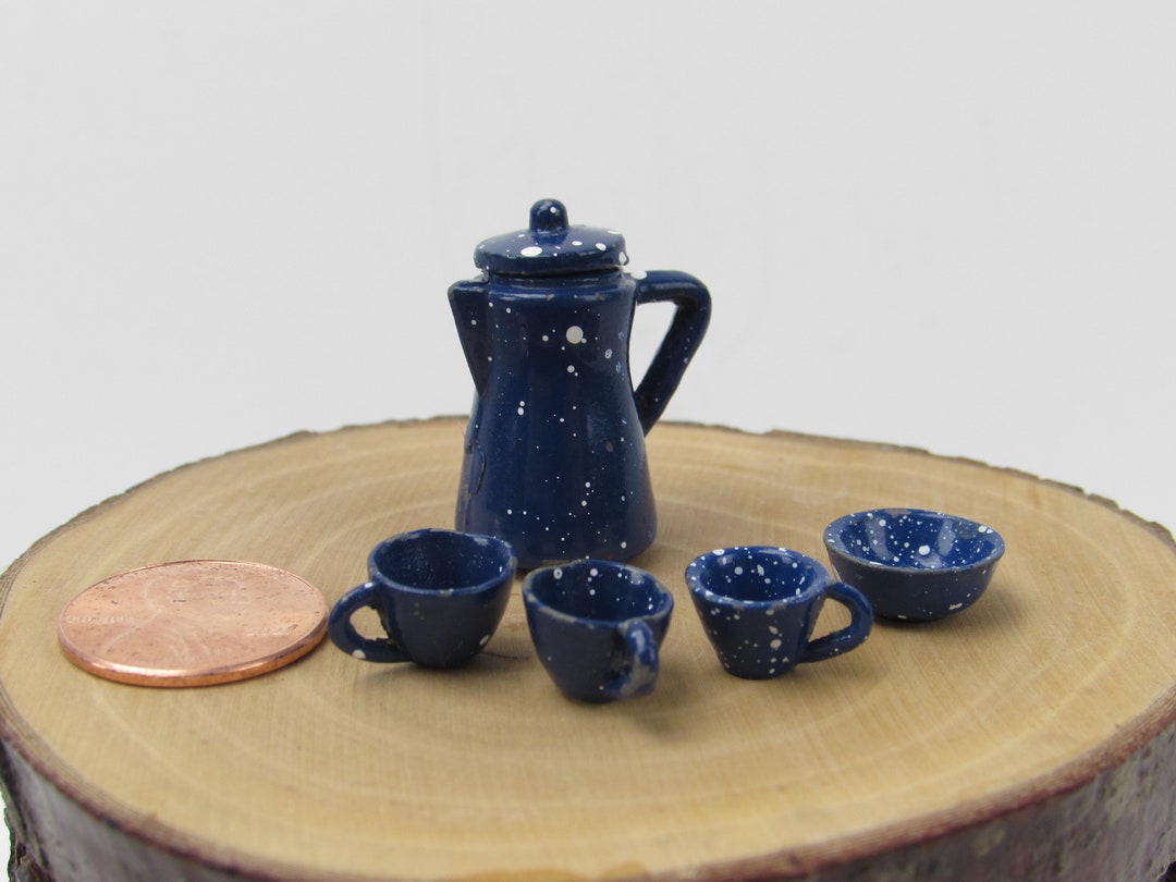Miniature Coffee Pot Coffee Cups Blue Spatterware Lidded Coffee Pot ...