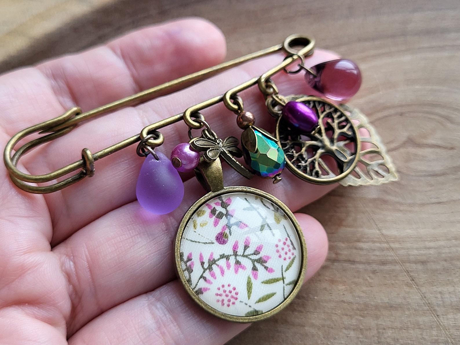 Safety Pin Brooch With Vintage Style Bronze Charms for Jackets, Hats ...