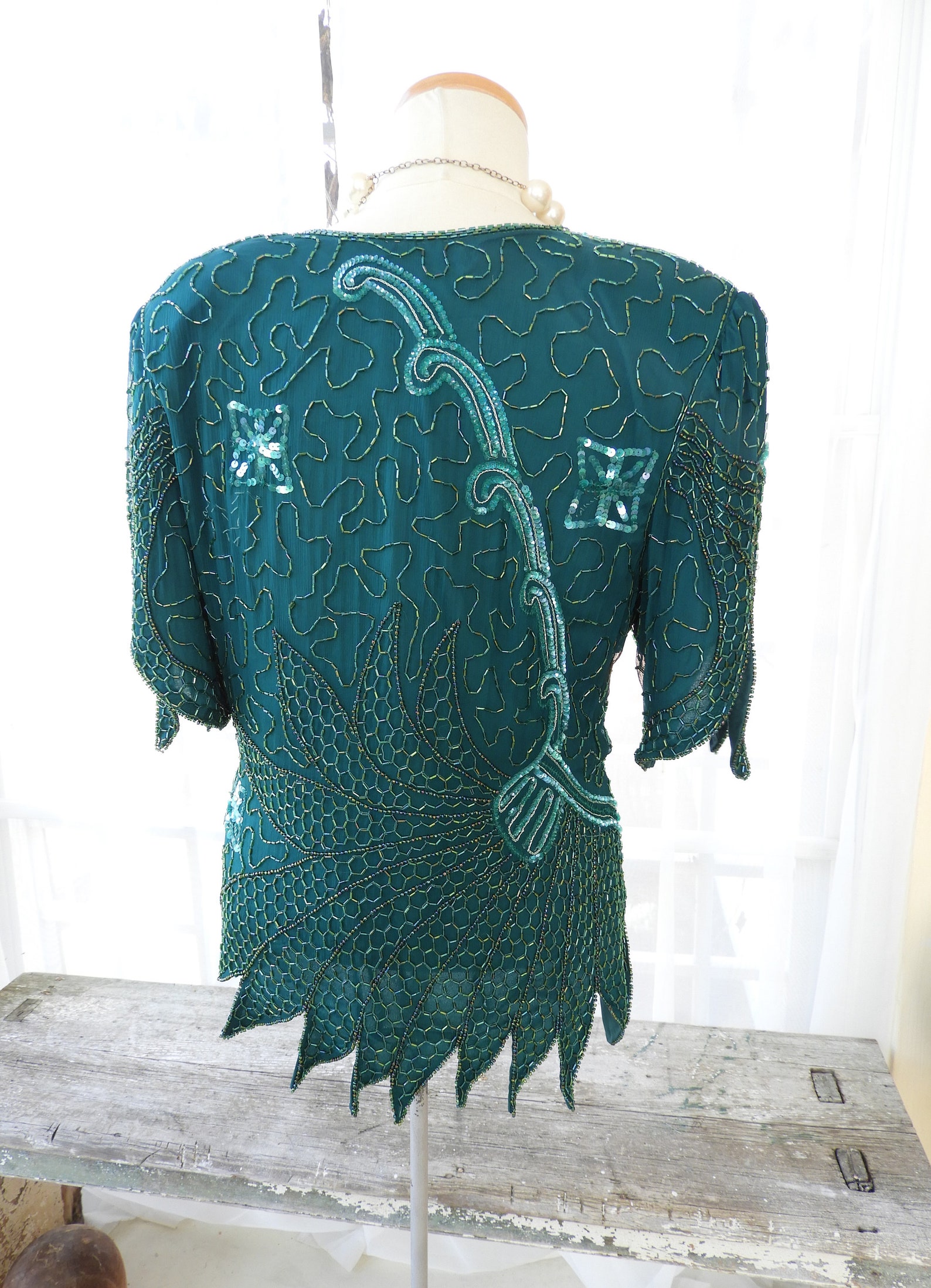 Vintage Laurence Kozar Green Beaded Sequin Top | 1980s Silk SS Sz M - Etsy