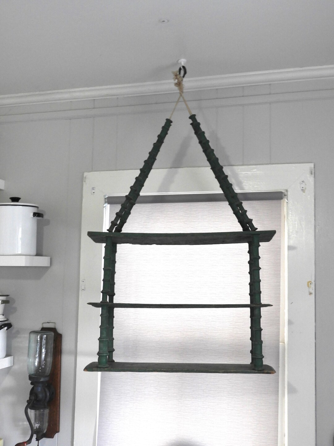 Primitive Green 3 Tier Spool Shelfhanging 3 Tier Wood Shelfantique Folk ...