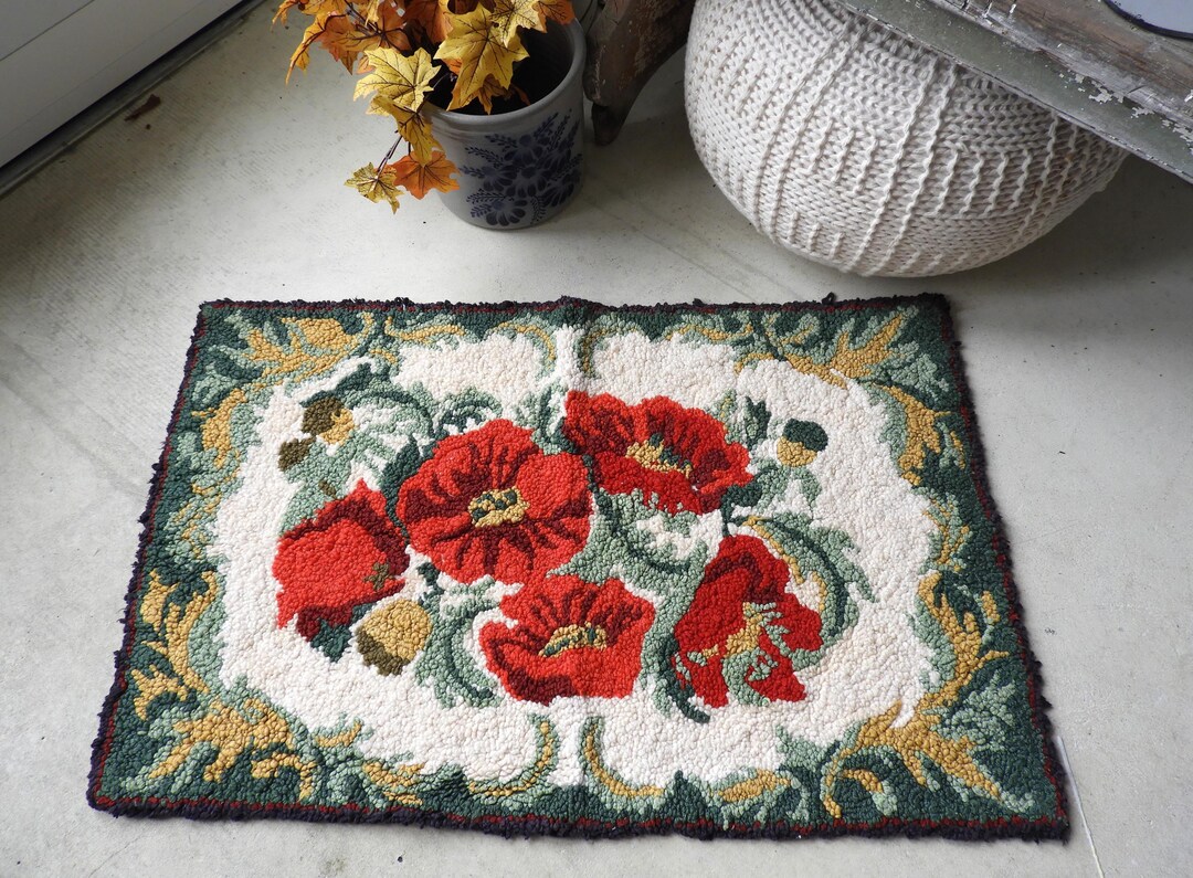 Vtg Hand Hooked Floral Wool Rug Red Poppies Farmhouse 22"x36" - Etsy