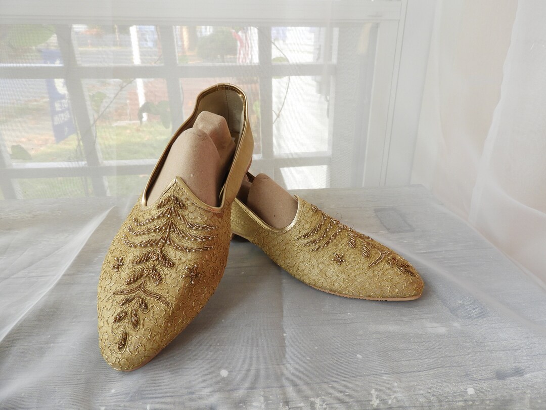 Vtg Unisex Gold Embroidered Slippers|vtg Mozri Gold Metal Embroidered ...