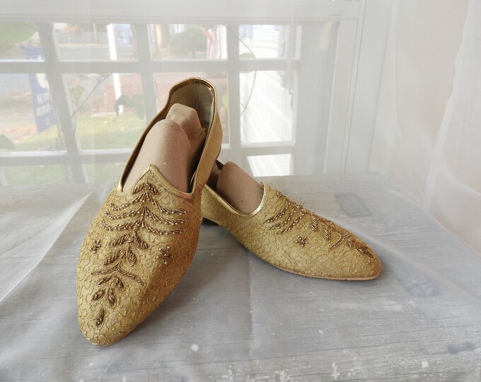 Vtg Unisex Gold Embroidered Slippers|vtg Mozri Gold Metal Embroidered Asian Slippers|vtg Gold ...