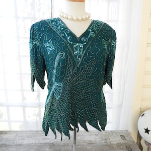 Vintage Laurence Kozar Green Beaded Sequin Top | 1980s Silk SS Sz M - Etsy