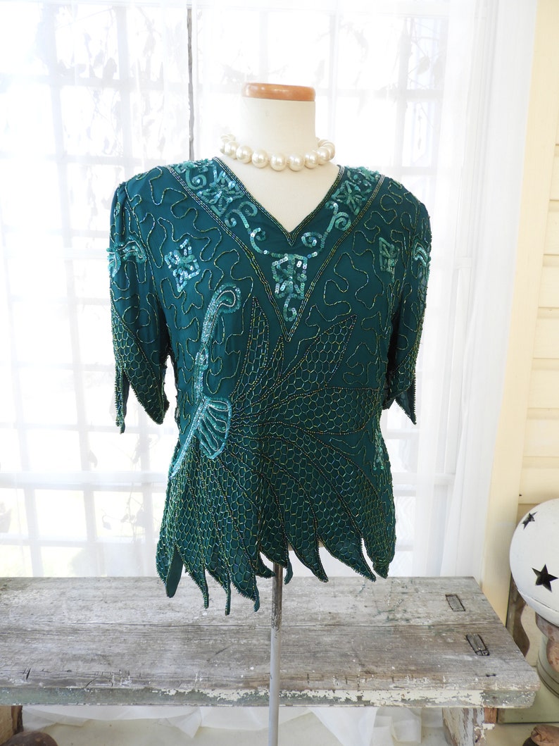 Vintage Laurence Kozar Green Beaded Sequin Top | 1980s Silk SS Sz M - Etsy