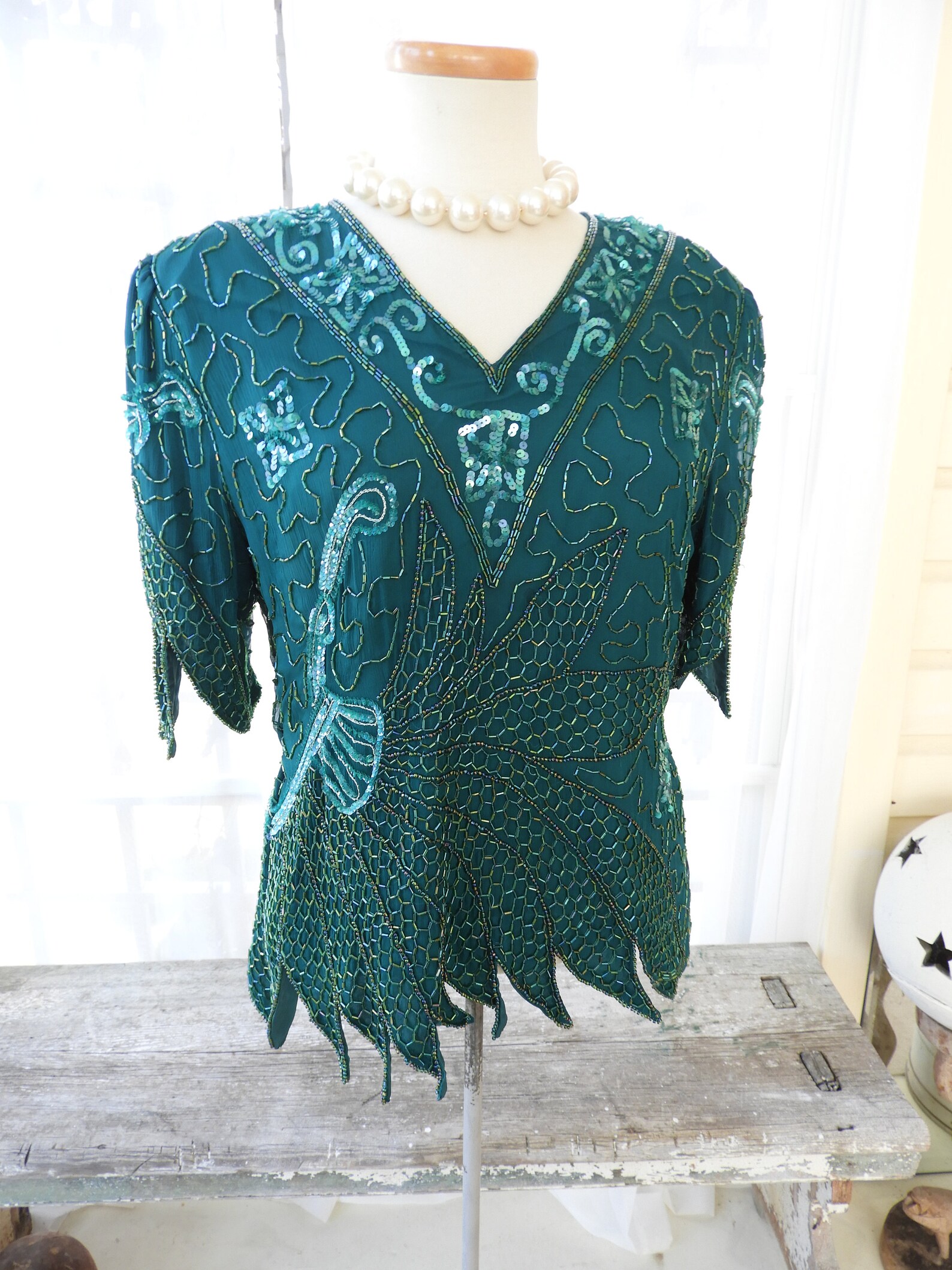 Vintage Laurence Kozar Green Beaded Sequin Top | 1980s Silk SS Sz M - Etsy