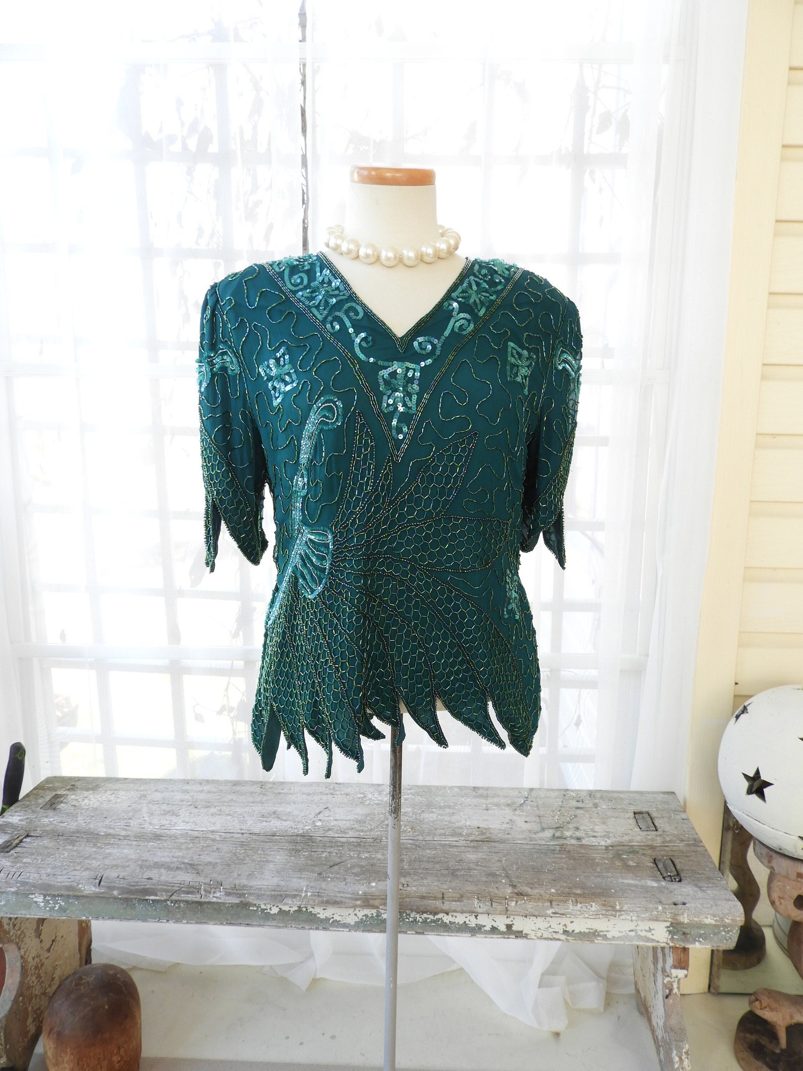 Vintage Laurence Kozar Green Beaded Sequin Top | 1980s Silk SS Sz M - Etsy