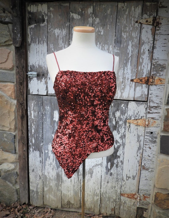 Vtg Red Sequin Top, Metal Sequined Spaghetti Strap To… - Gem