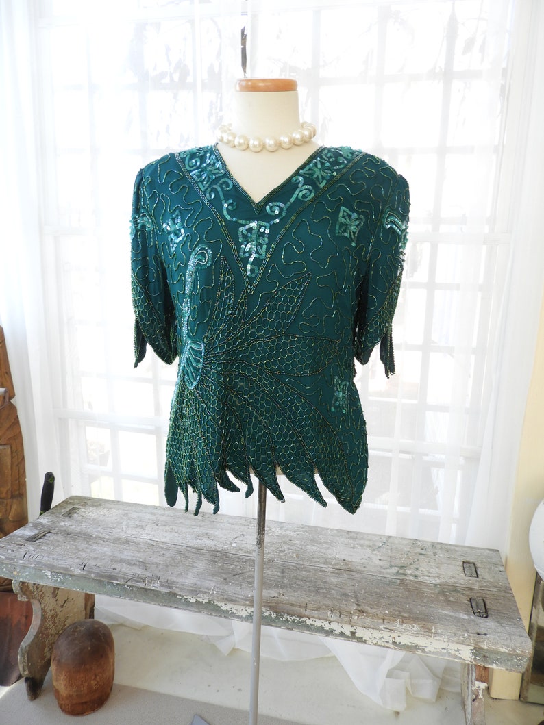 Vintage Laurence Kozar Green Beaded Sequin Top | 1980s Silk SS Sz M - Etsy