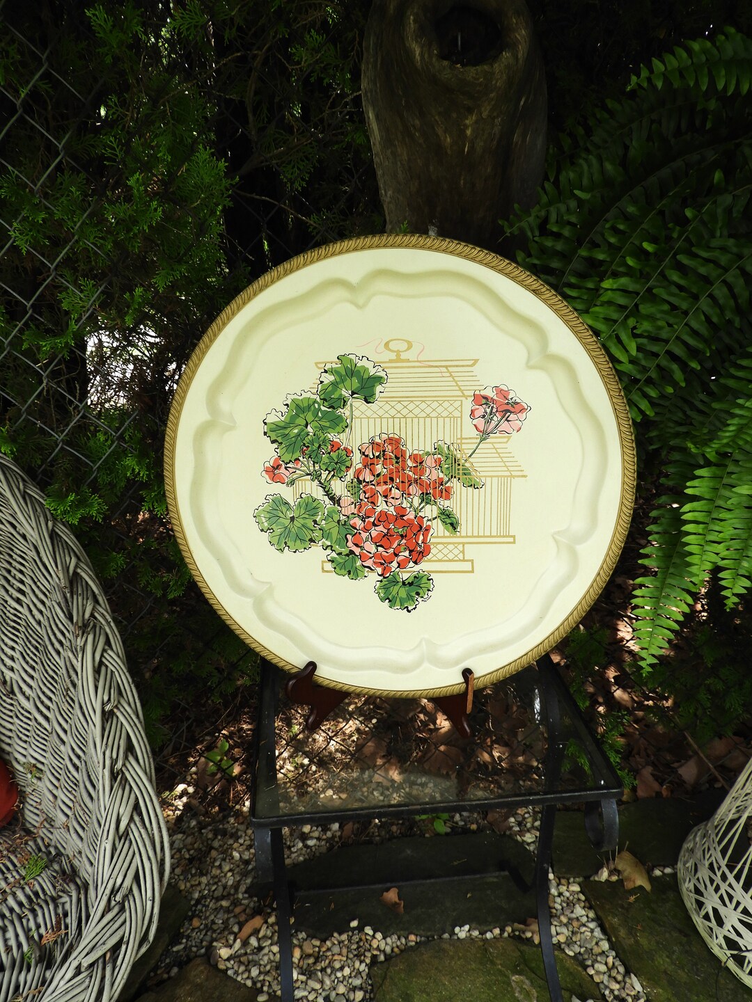 Vtg Large Metal Retro Serving Tray|1970's Round Floral Tray|american ...