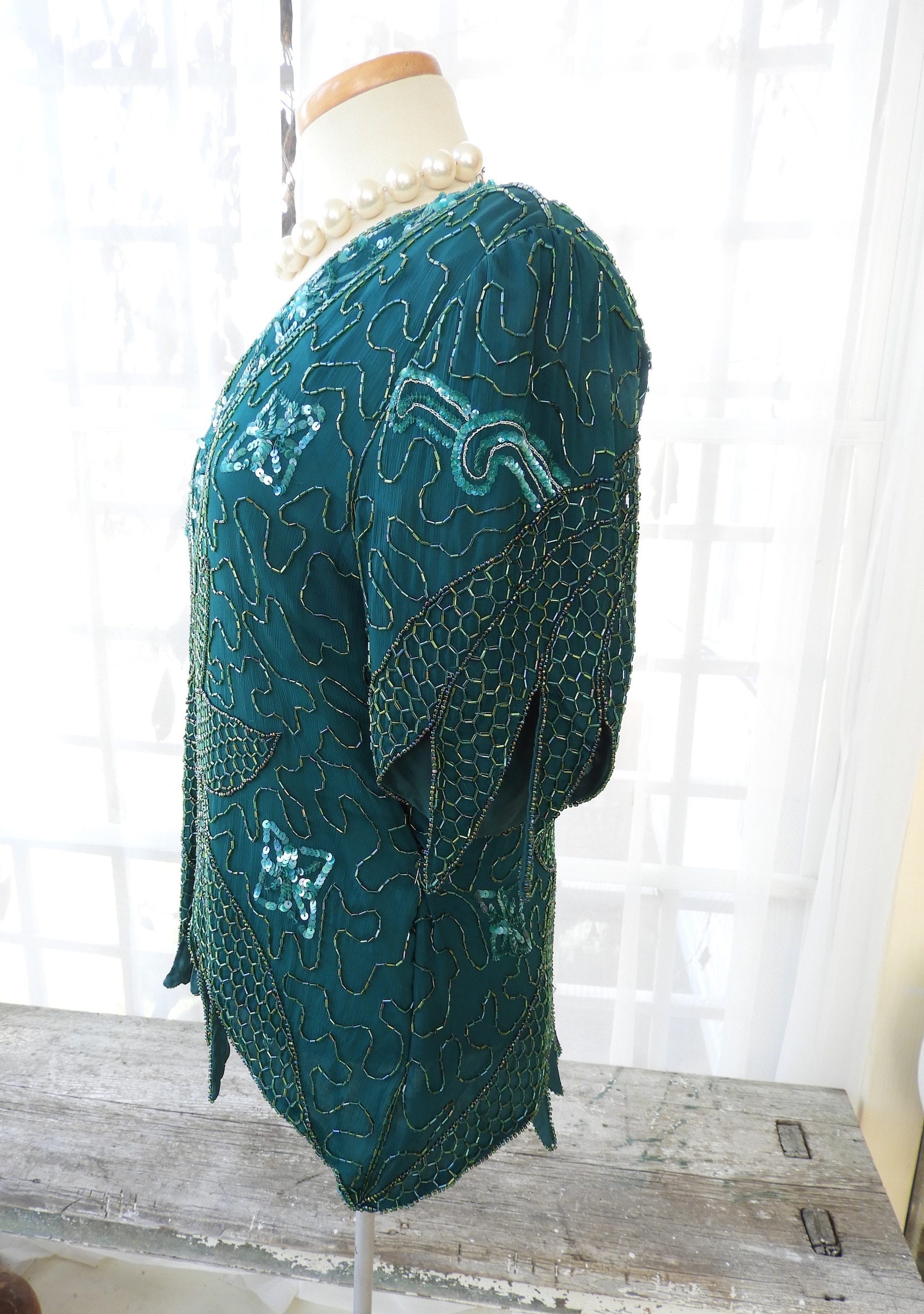 Vintage Laurence Kozar Green Beaded Sequin Top | 1980s Silk SS Sz M - Etsy