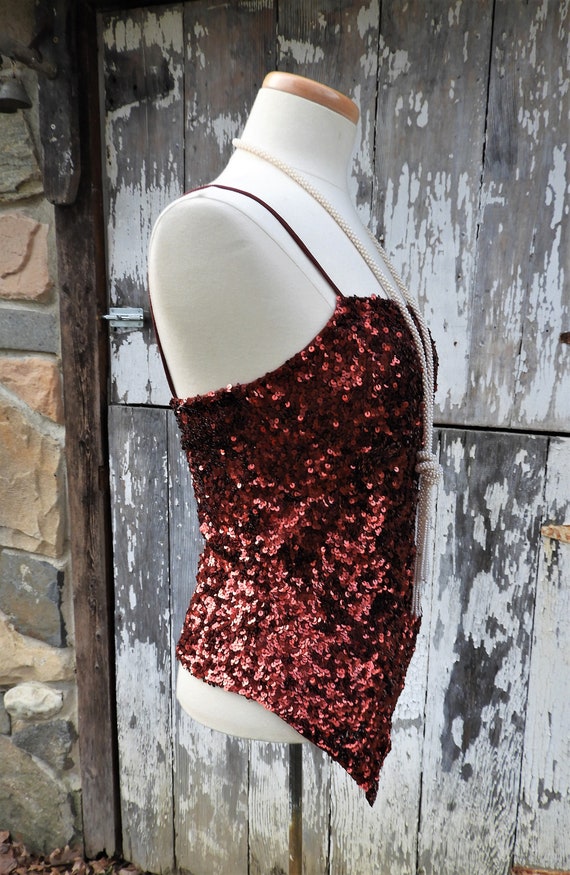 Vtg Red Sequin Top, Metal Sequined Spaghetti Strap To… - Gem