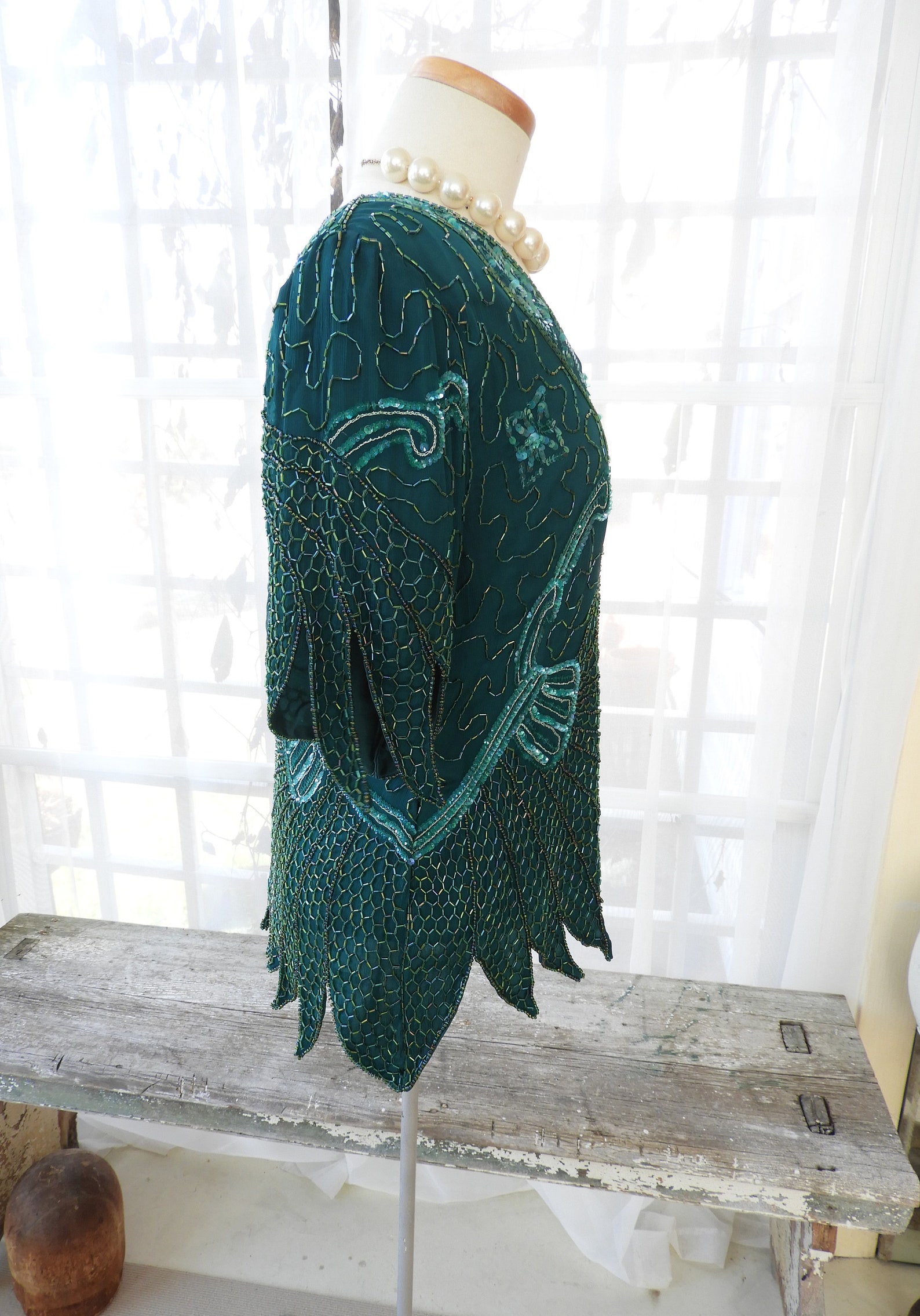 Vintage Laurence Kozar Green Beaded Sequin Top | 1980s Silk SS Sz M - Etsy